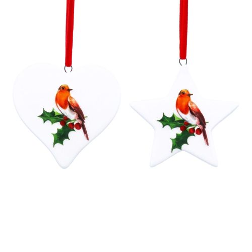 Traditional Christmas Robin Bird Bauble Xmas Heart & Star White Baubles ...